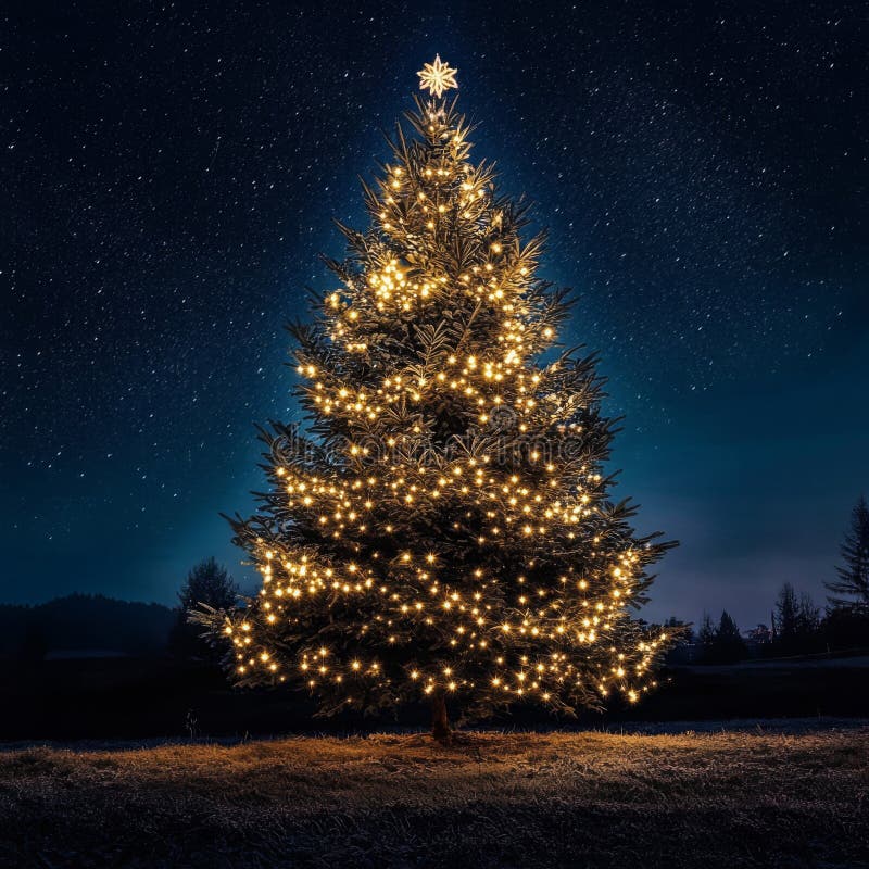 Illuminated Christmas Tree Under a Starry Night Sky Stock Illustration ...