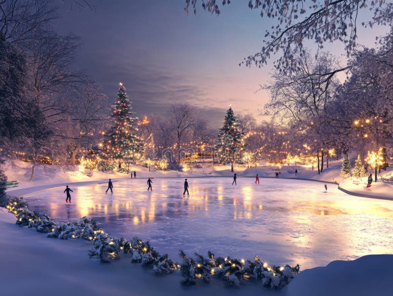 Illuminated Christmas Trees and Ice Skating Rink at Dusk Stock ...