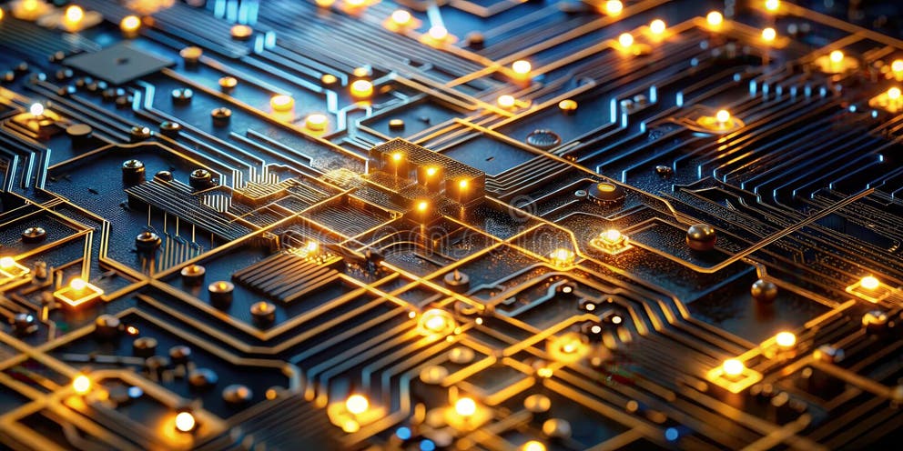 Illuminated Circuit Board Complex Electronic Pathways and Glowing ...
