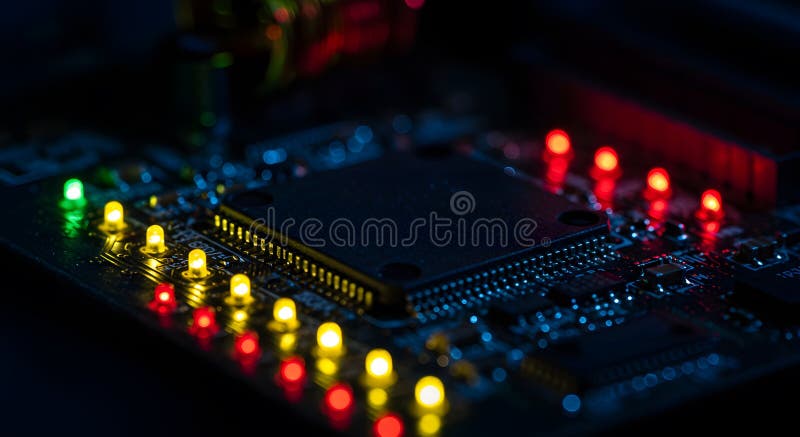 Illuminated Circuit Board with Glowing Leds Showing Electronic Activity ...