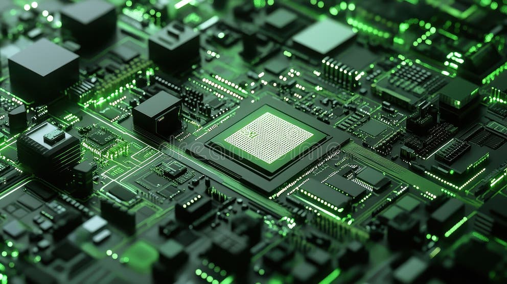 Illuminated Circuit Board Green Glow of Technology and Interconnected ...