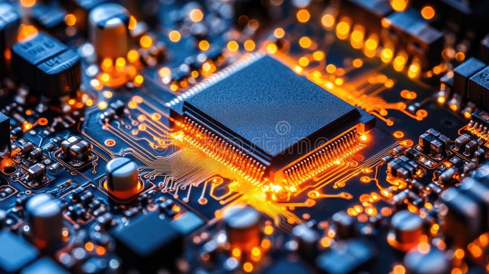 Illuminated Circuit Board, Microchip Close-up Blurs Stock Illustration ...