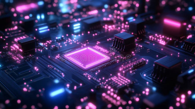 Illuminated Circuit Board Shows Central Processing Unit Stock Illustration - Illustration of ...