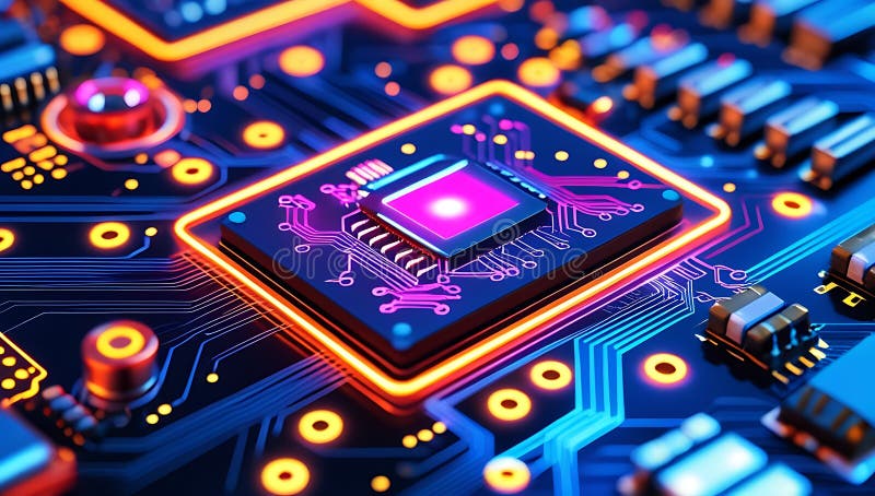 Illuminated Circuit Board Shows Central Processing Unit Stock Illustration - Illustration of ...
