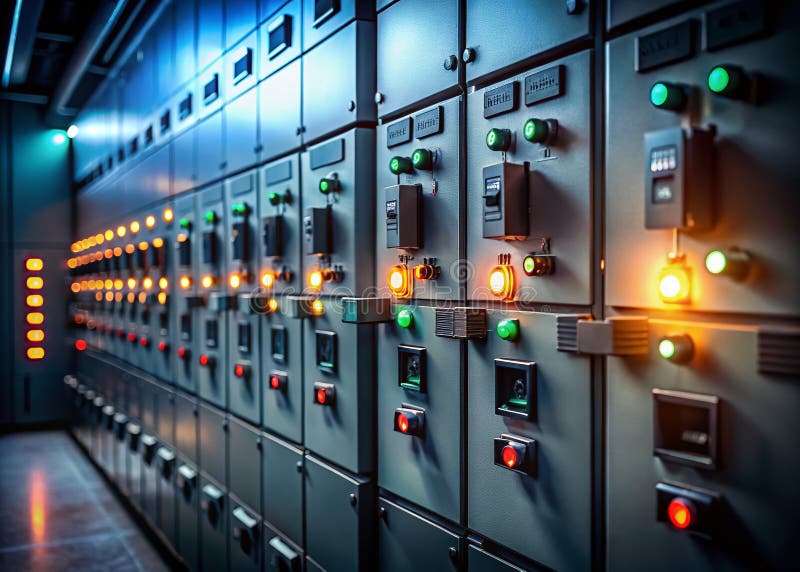 Illuminated Circuit Breakers in a Control Panel at Night a Stunning ...