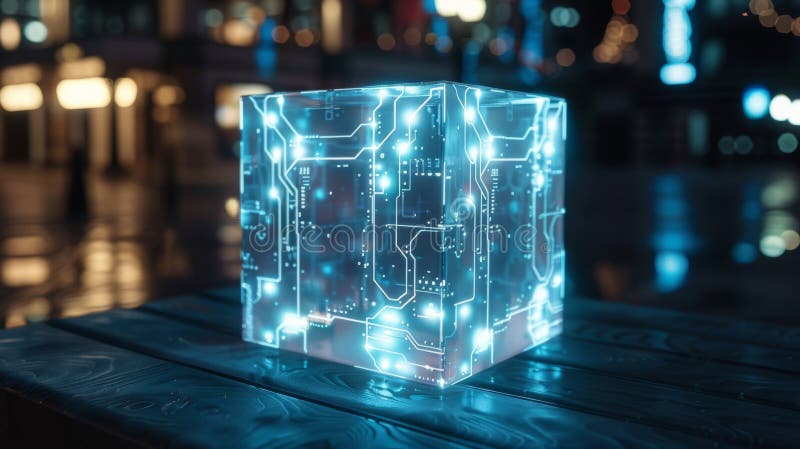 Illuminated Circuit Cube on Wooden Surface in the City at Night Stock ...