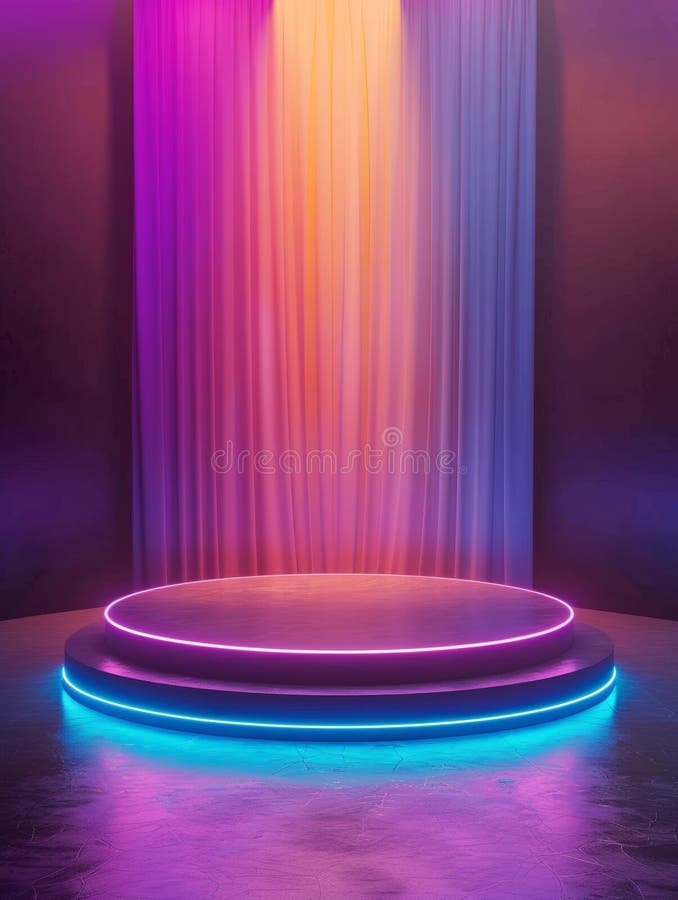 An Illuminated Circular Dais, Ringed with Vibrant Neon Lighting, Stands ...