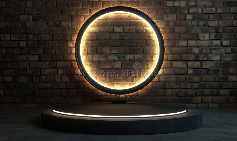 Illuminated Circular Display Stand Against Textured Brick Wall for ...