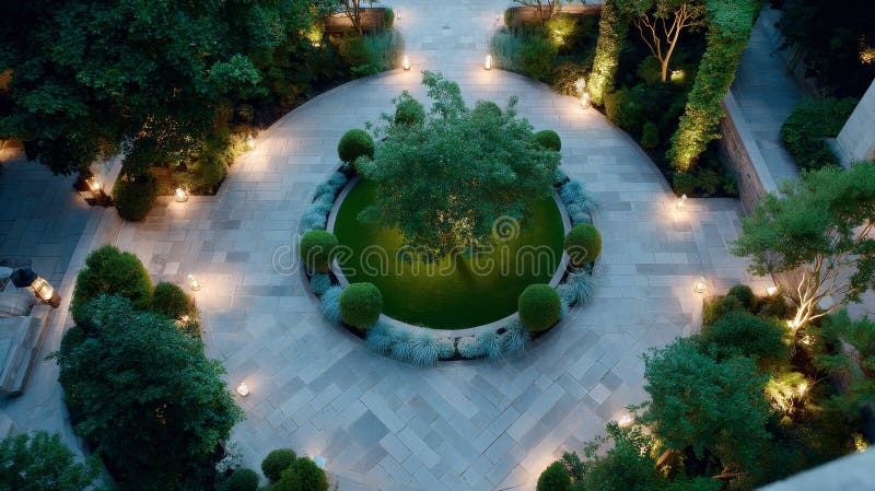 Illuminated Circular Garden with Pathway and Lush Greenery at Night ...