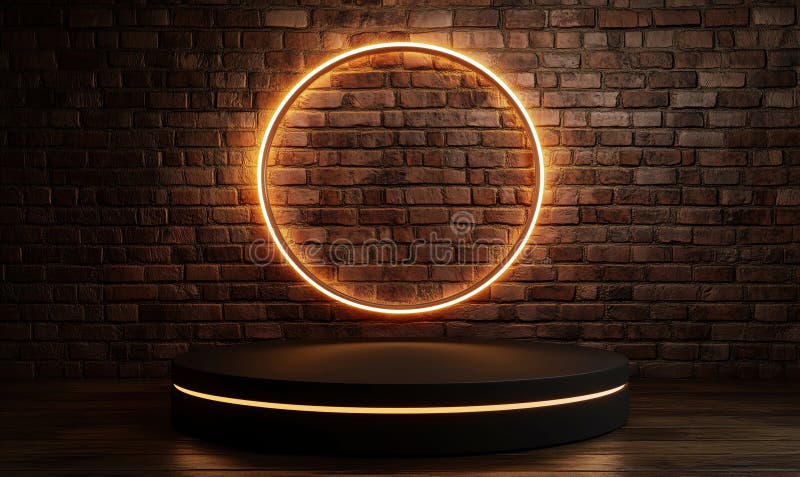 Illuminated Circular Neon Light Display on Dark Pedestal Against Brick ...