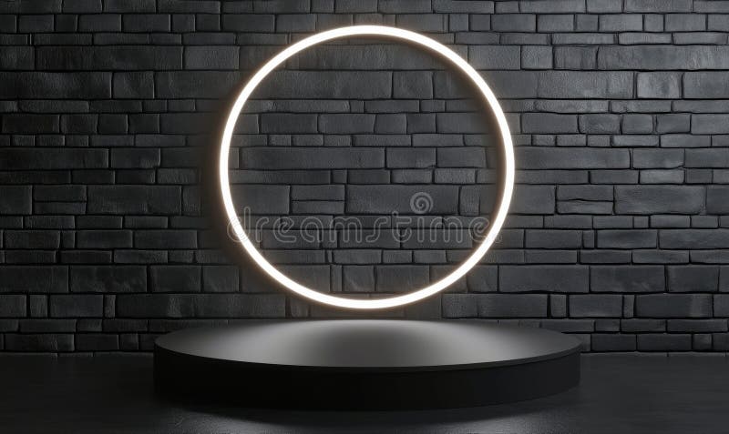 Illuminated Circular Neon Light Display on Dark Textured Wall ...