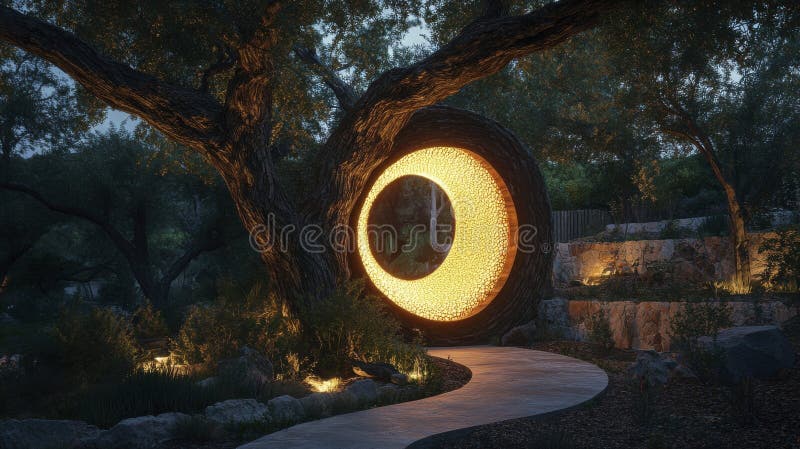 Illuminated Circular Pathway in a Twilight Garden Stock Illustration ...