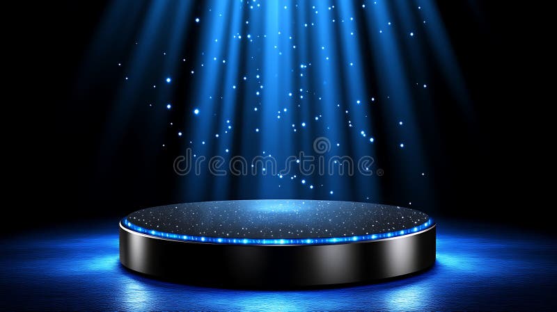 Illuminated Circular Platform with Blue Lights and Glittering Particles Stock Illustration ...