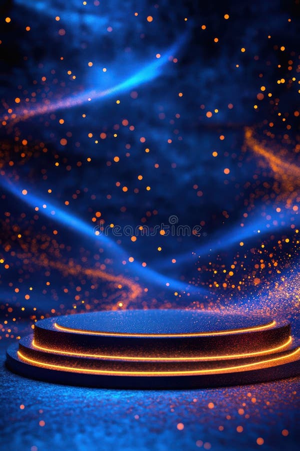 Illuminated Circular Platform Glowing Neon Lights Dark Blue Background Golden Sparkles Stock ...