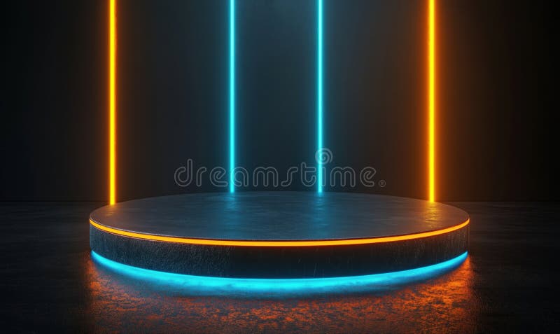 Illuminated Circular Platform Neon Lights Dark Environment ...