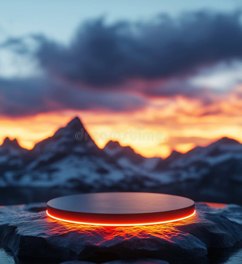 Illuminated Circular Platform on Rocky Terrain with Dramatic Mountain ...