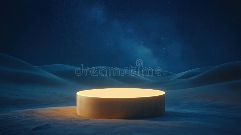 Illuminated Circular Platform in Serene Desert Landscape Under Starry ...