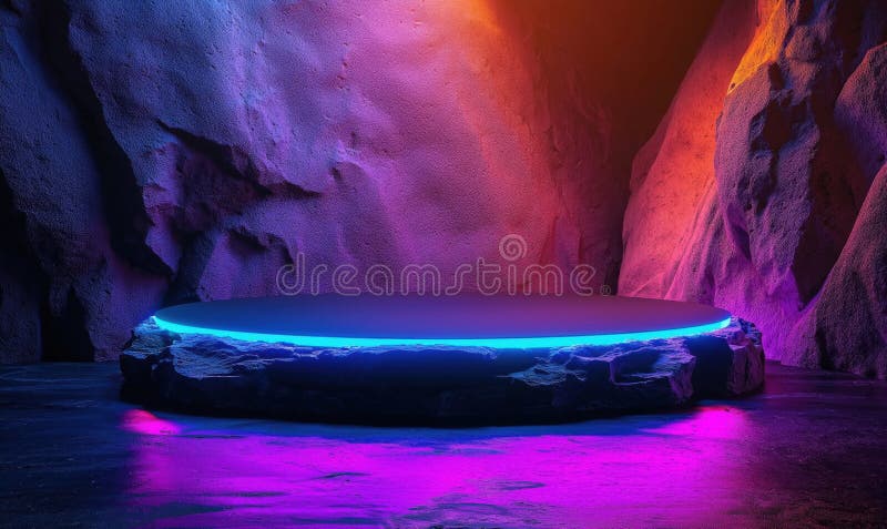 Illuminated Circular Platform in a Vibrant Cave Setting with Colorful ...