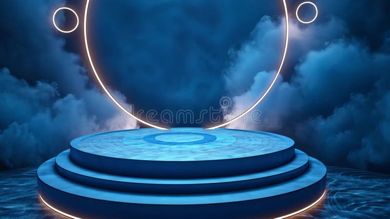 Illuminated Circular Stage on a Blue Background with Clouds for an ...