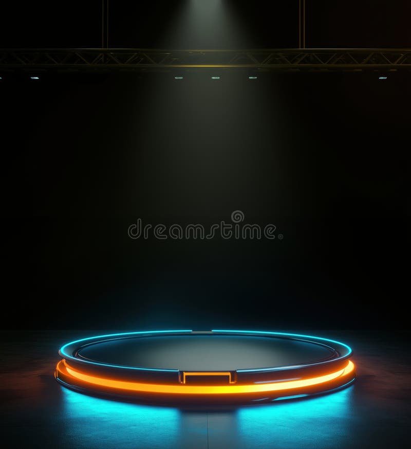 Illuminated Circular Stage with Blue and Orange Neon Lights in Dark ...