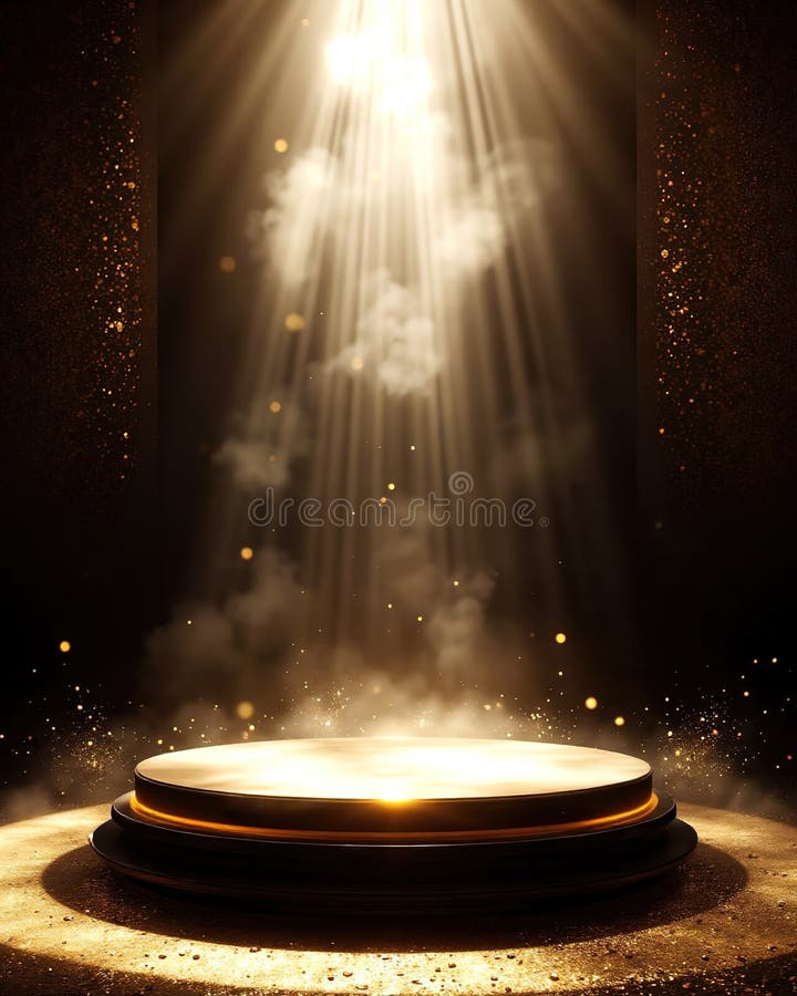 Illuminated Circular Stage Surrounded by Golden Light and Smoke Effects ...
