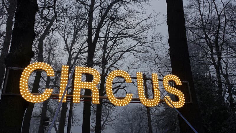 Illuminated Circus Letters between Trees in Winter Stock Image - Image ...