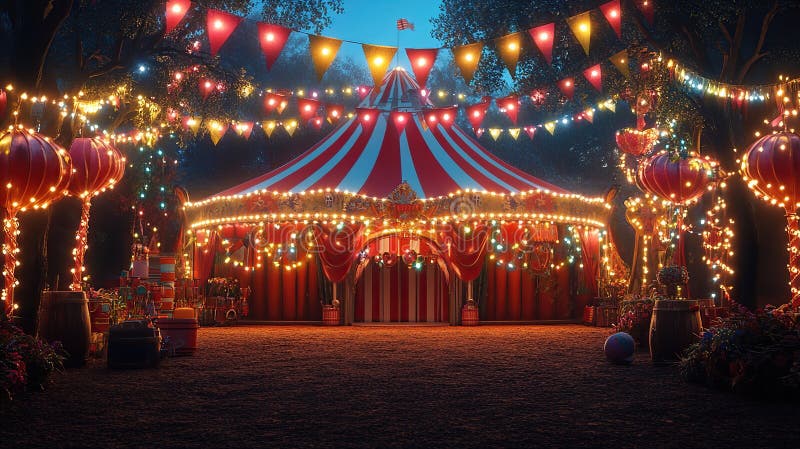 Illuminated Circus Tent at Night in a Wooded Area Stock Illustration ...