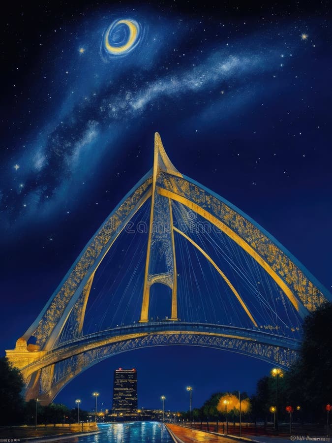 Illuminated City Bridge Under Moonlight Stock Illustration ...