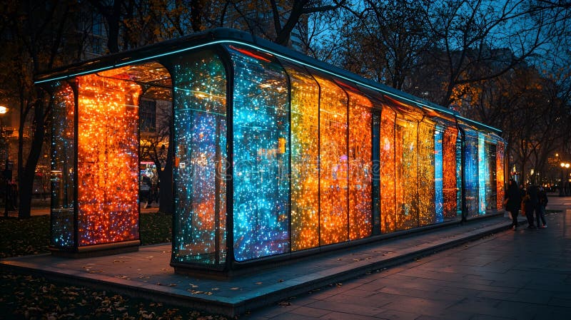 Illuminated City Park Structure, Evening Ambiance, Pedestrians Walking ...