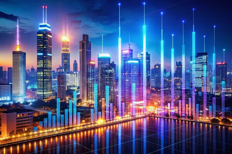 Illuminated City Skyline Data Visualization a Dynamic Bar Chart Graph ...