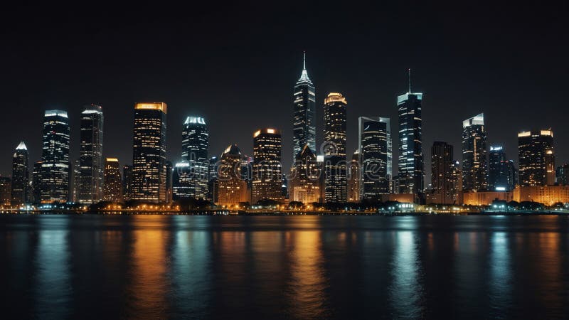 Illuminated City Skyline Reflecting on Calm River at Night with Clear ...