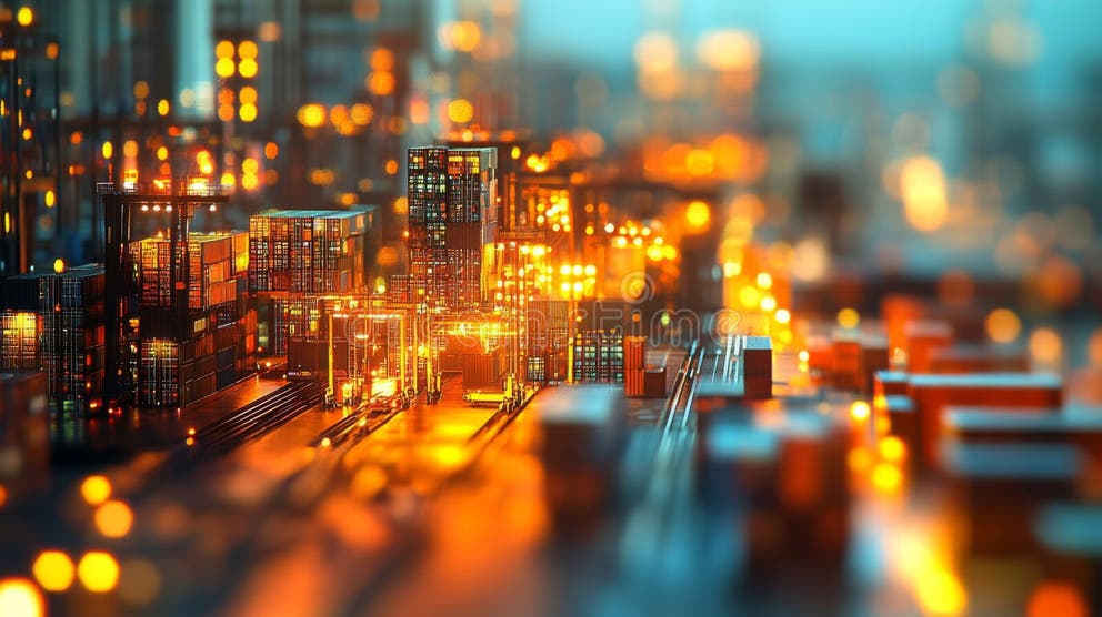 Illuminated Cityscape of Cargo Containers at Night Stock Illustration ...