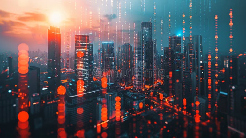 Illuminated Cityscape with Data Overlay.AI Generated Image Stock Image ...