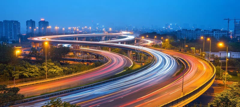 Illuminated Cityscape Elevated Highway with Light Trails at Night ...