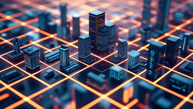 Illuminated Cityscape Grid Network Futuristic Architecture Stock ...