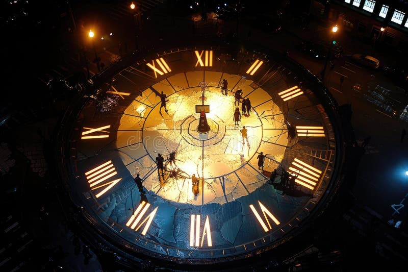 Giant Broken Clock Face at Night with People Stock Illustration ...