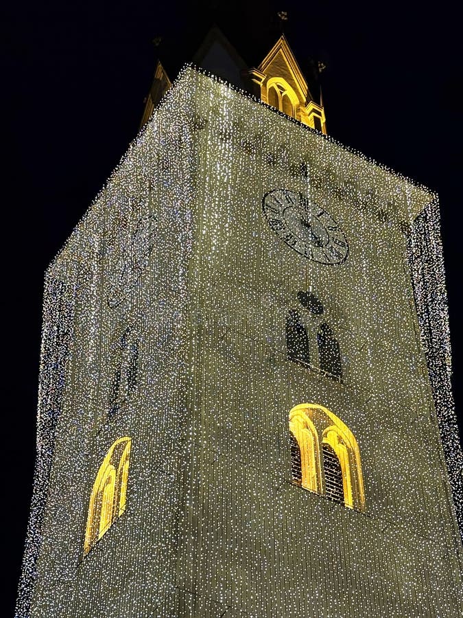 Illuminated Clock Tower in Villach at Night with Festive Lights ...