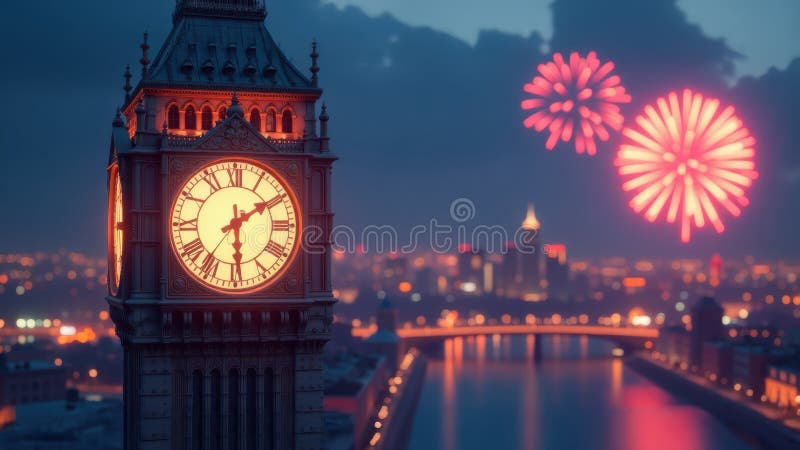 Illuminated Clock Tower at Night with Fireworks Stock Illustration ...