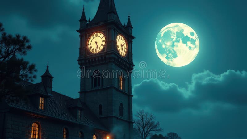 Illuminated Clock Tower Under a Full Moon Stock Illustration ...