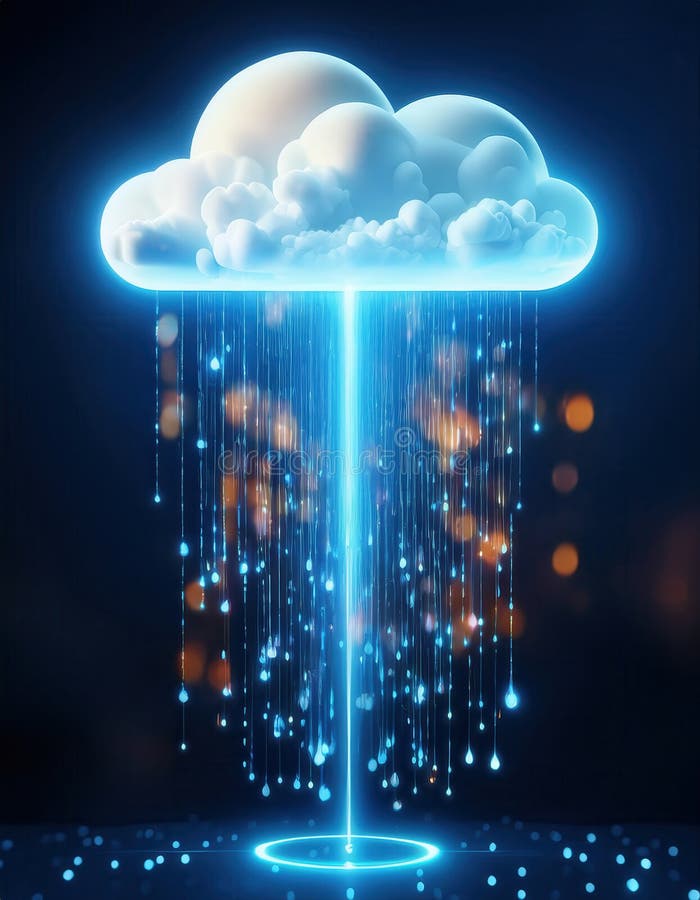 Illuminated Cloud with Glowing Data Stream Flowing Downwards during a ...