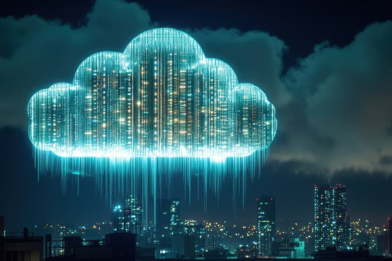 Illuminated Cloud Sculpture Hangs Above City Skyline during Nighttime ...