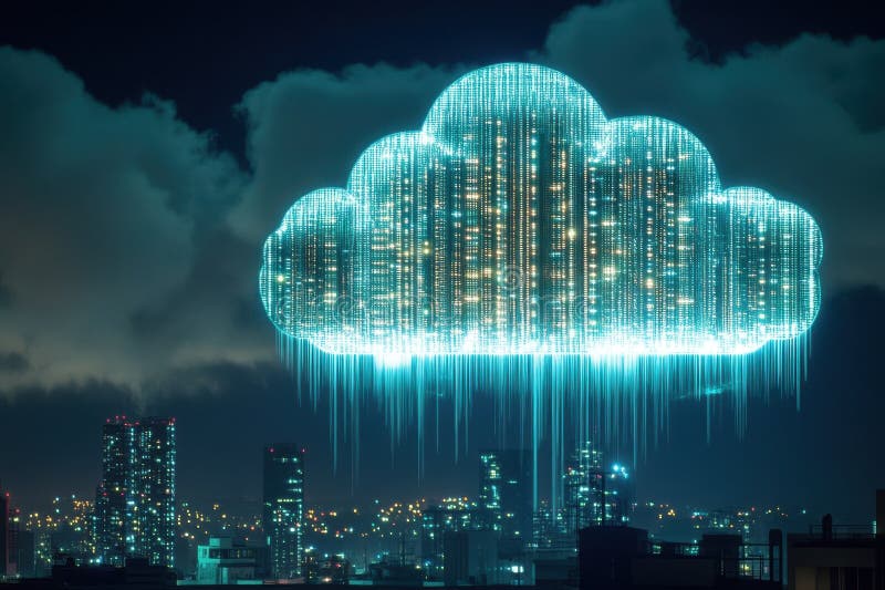 Illuminated Cloud Sculpture Hangs Above City Skyline during Nighttime ...