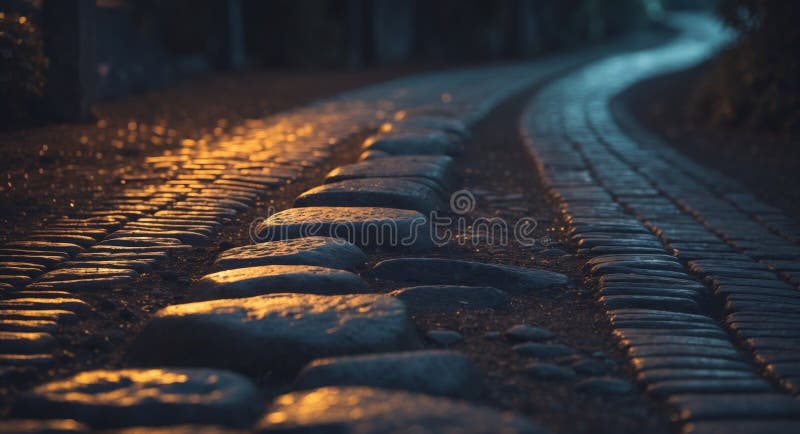 Illuminated Cobblestone Path Night Glowing Warm Light Stock Photos ...