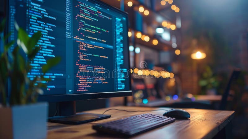 Illuminated Coding Workspace With Code On Computer Monitor Cozy Office Setting Stock Image