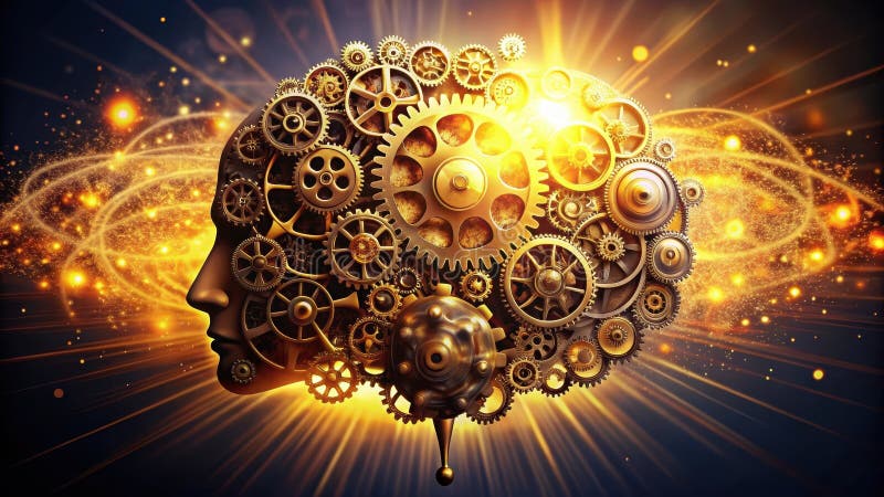 Illuminated Cogs of the Mind a Golden Mechanical Head in a Burst of ...