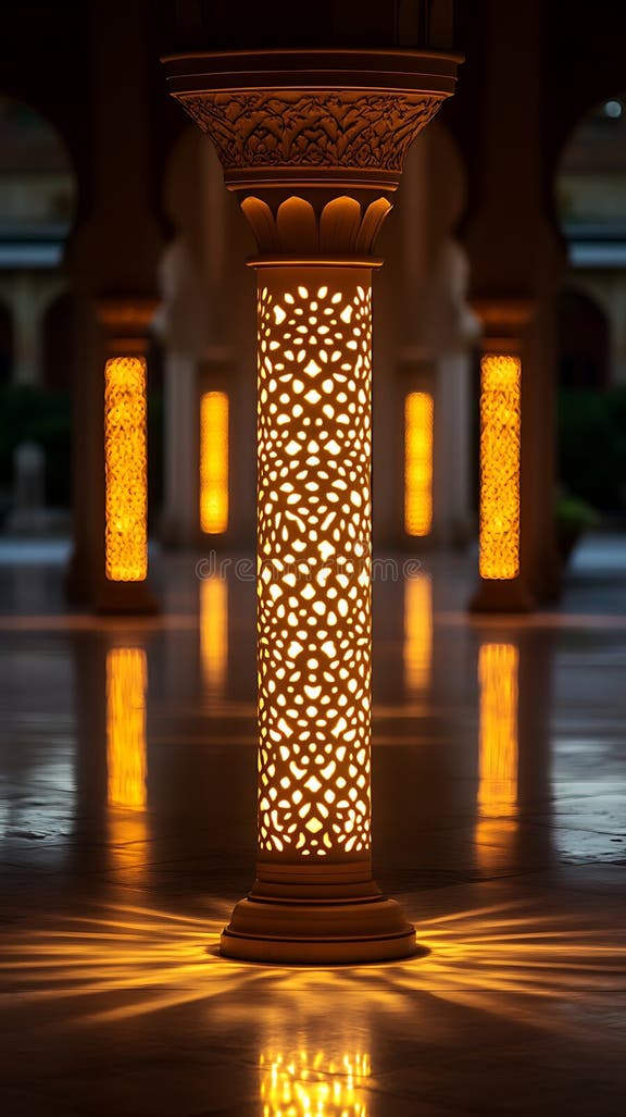 Illuminated Column Illuminates a Hall with Architectural Columns and ...
