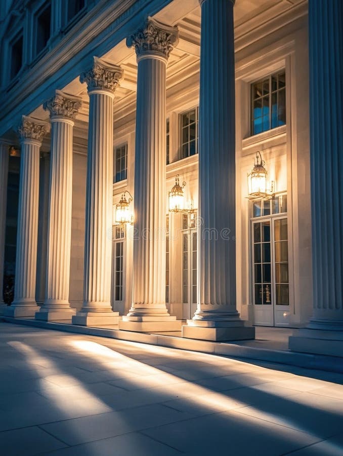 Dramatic Shadows Illuminate Classical Government Building at Night ...