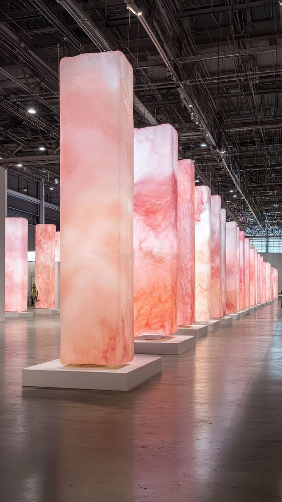 Illuminated Columns Stand in Rows. Soft Light Glows from Rectangular ...