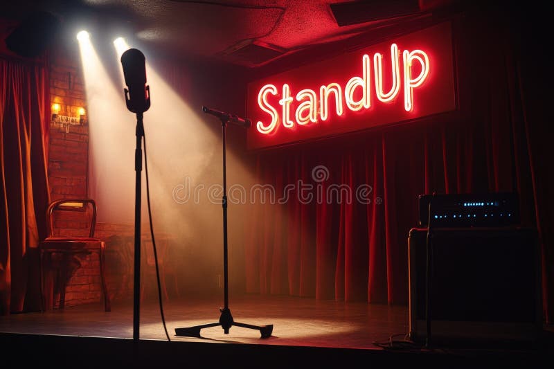 Illuminated Comedy Stage with Microphone and Neon Sign Inviting ...