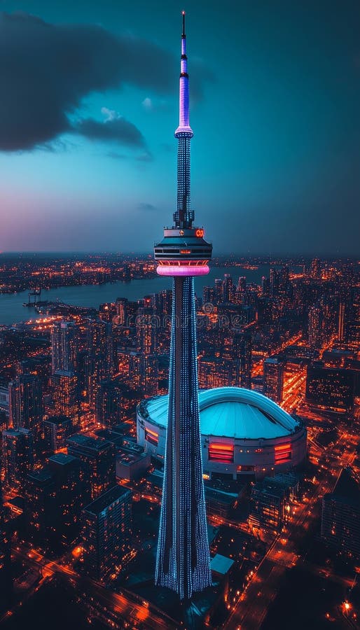 Illuminated Communication Tower and Modern Cityscape during Blue Hour ...